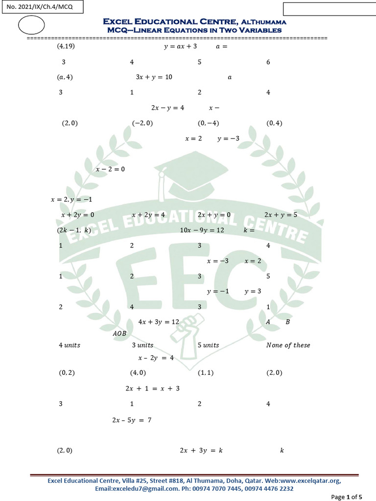 9 Linear Equations Iables MCQ | PDF | Equations | Fahrenheit