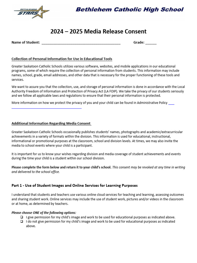 2024-2025 Media Release Form | PDF | Schools | Information