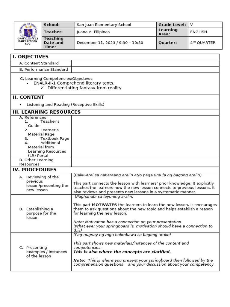 Grade 5 English Daily Lesson Plan | PDF | Learning | Teachers