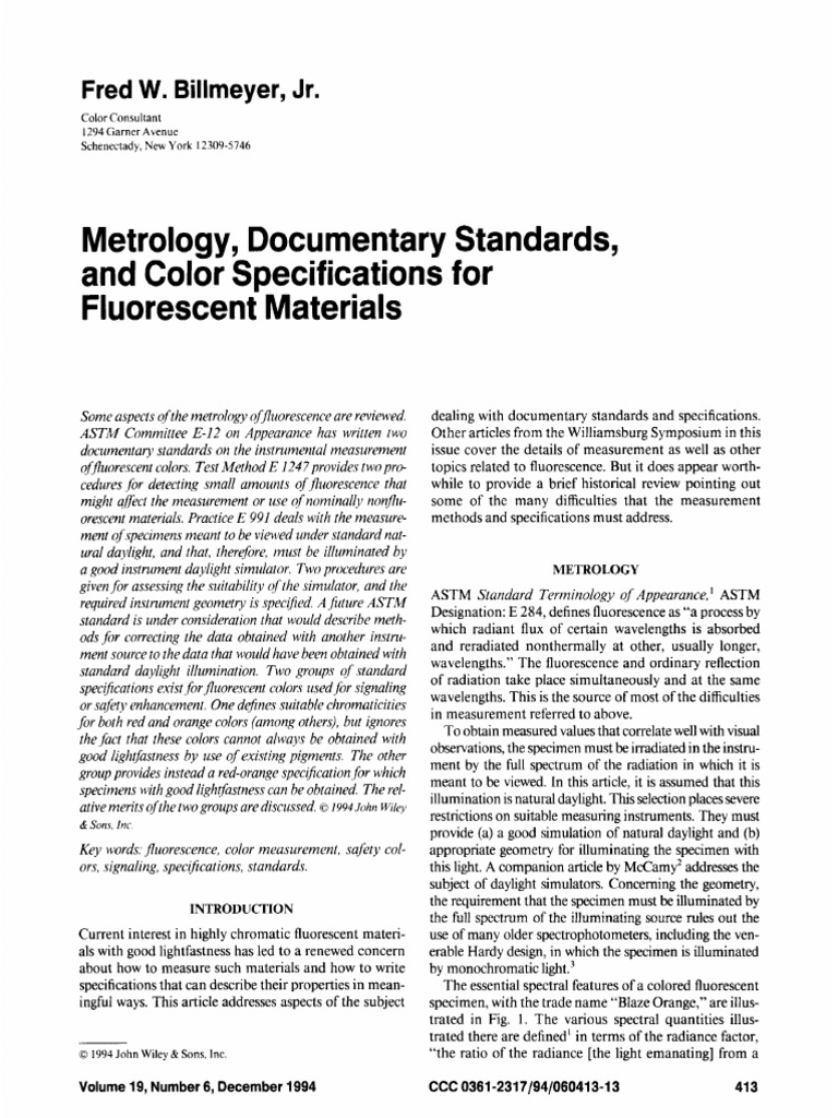 Metrology, Documentary Standards, and Color Specifications For Fluorescent Materials | PDF ...