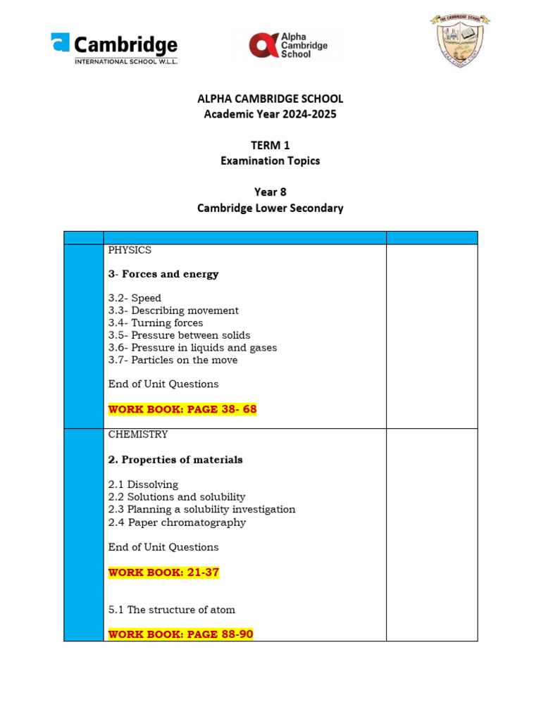 Ay24-25 T - 1 Exam Topics Y8 | PDF