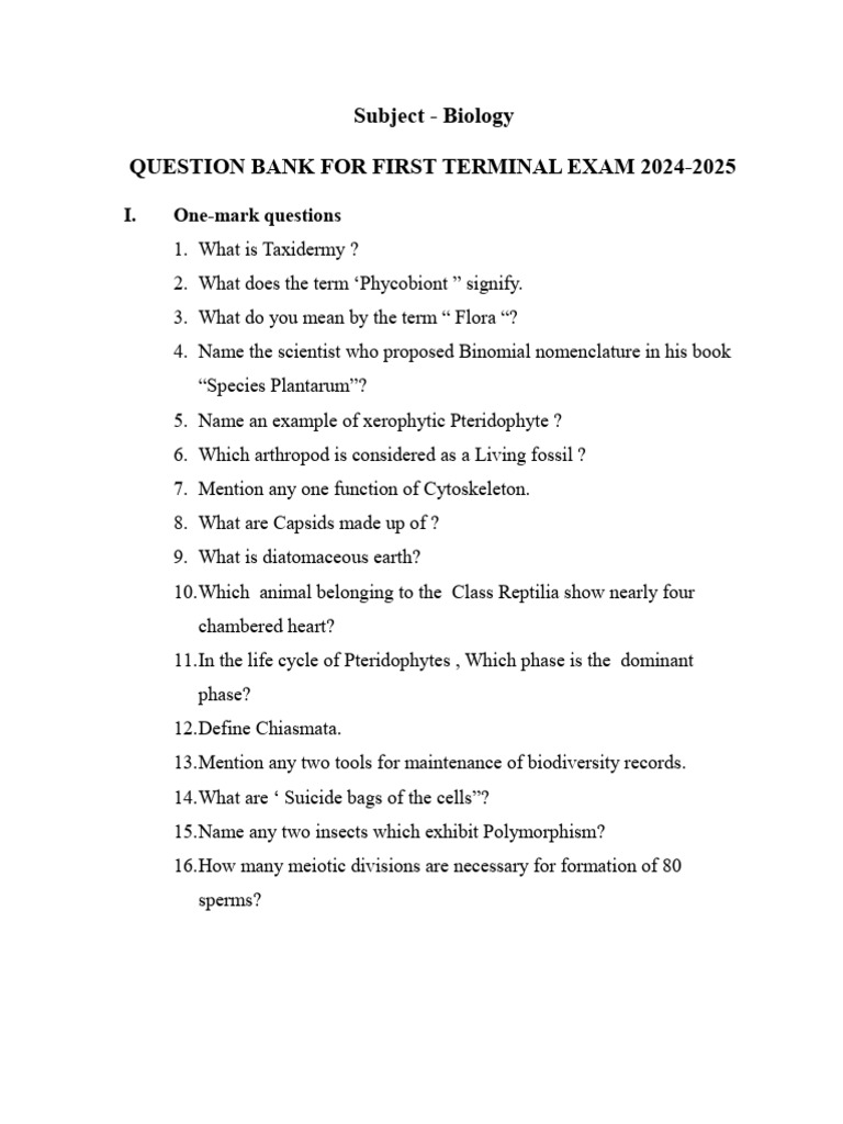 Biology Question Bank | PDF | Cell (Biology) | Meiosis