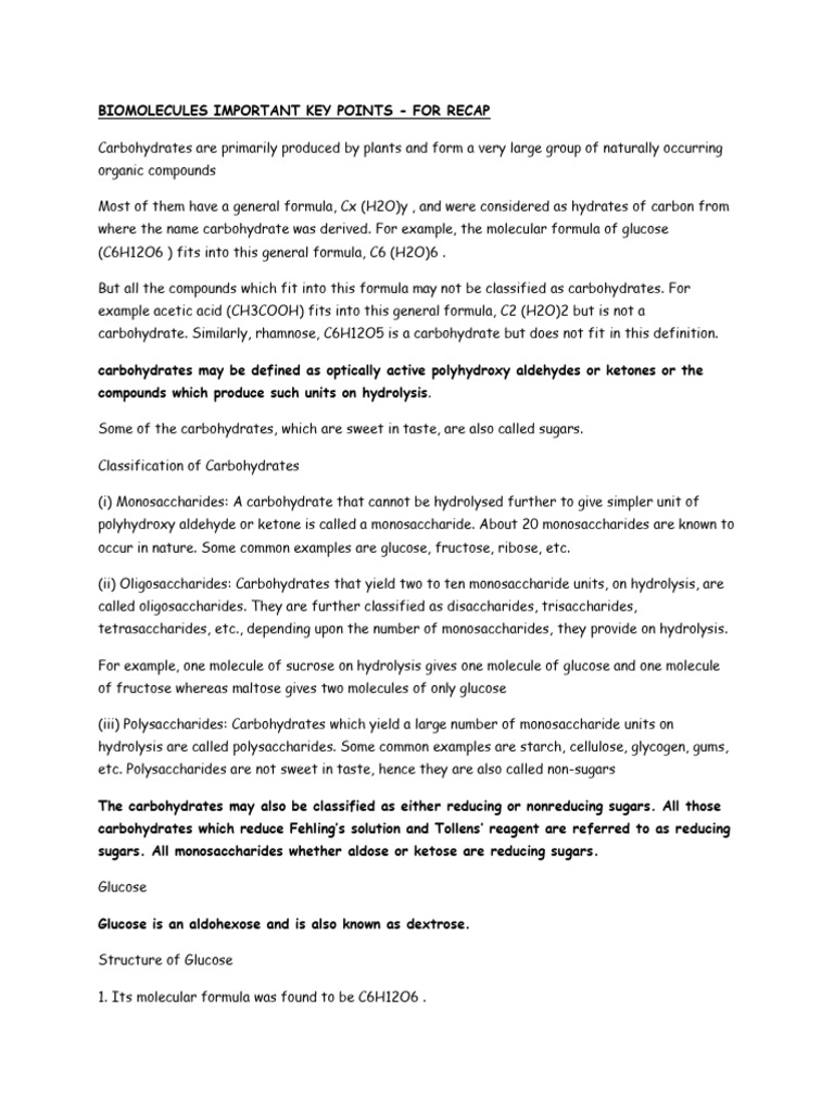 Biomolecules Key Ponits - 115834 | PDF | Carbohydrates | Glucose