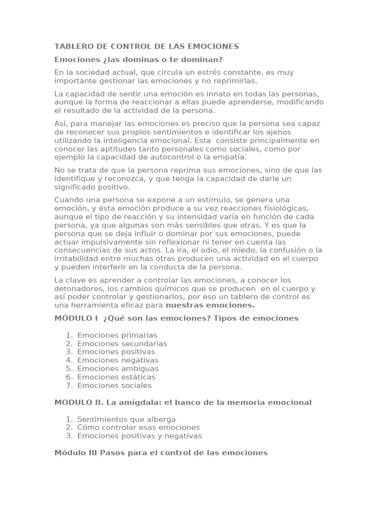 TABLERO DE CONTROL DE LAS EMOCIONES - Docx Programa | PDF | Las emociones | Inteligencia emocional
