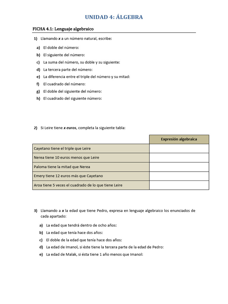 Ficha 4.1 - Lenguaje Algebraico | PDF