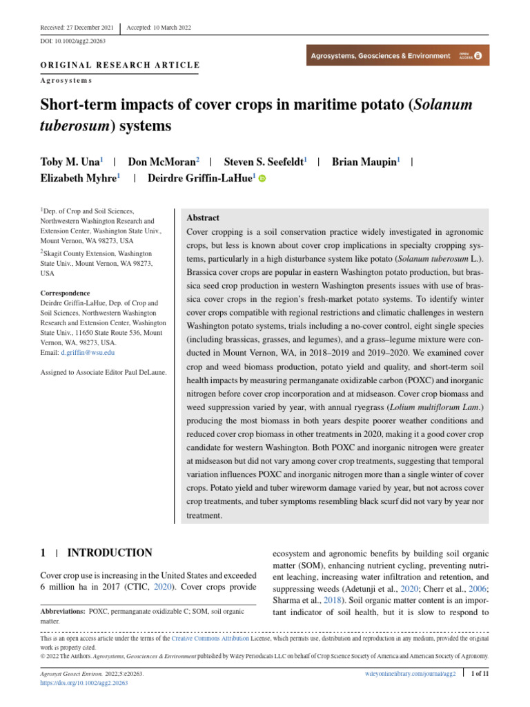 Agrosystems Geosci Env - 2022 - Una - Short‐term impacts of cover crops ...