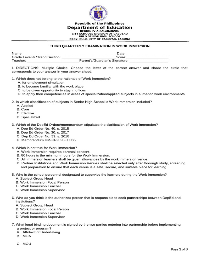 Work Immersion Exam: Key Concepts | PDF | Occupational Safety And ...