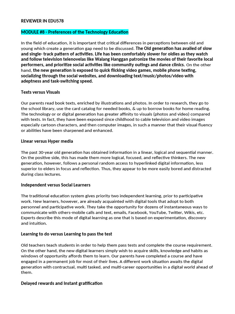 REVIEWER IN EDU578 p2 Module8 18 | PDF | Experience | Learning