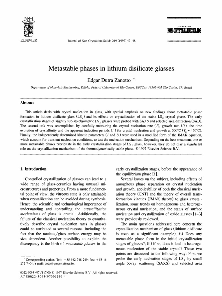 Metastable Phases in Lithium Disilicate Glasses | PDF | Crystallization | Nucleation