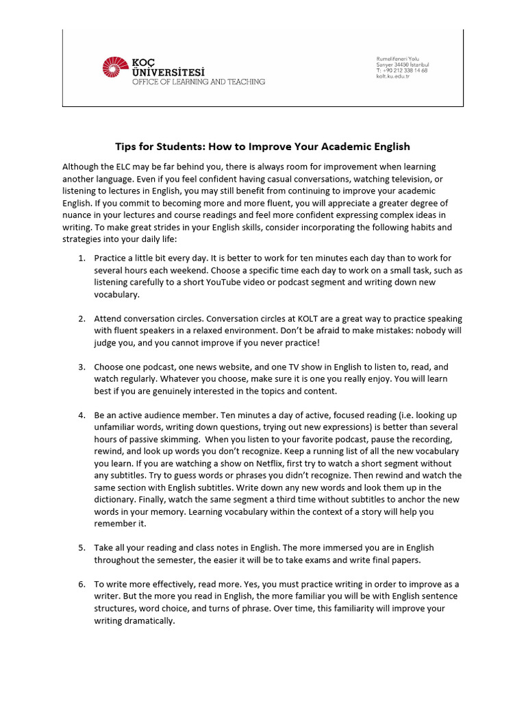 Student Tip Sheet Improving Your Academic English | PDF | English ...