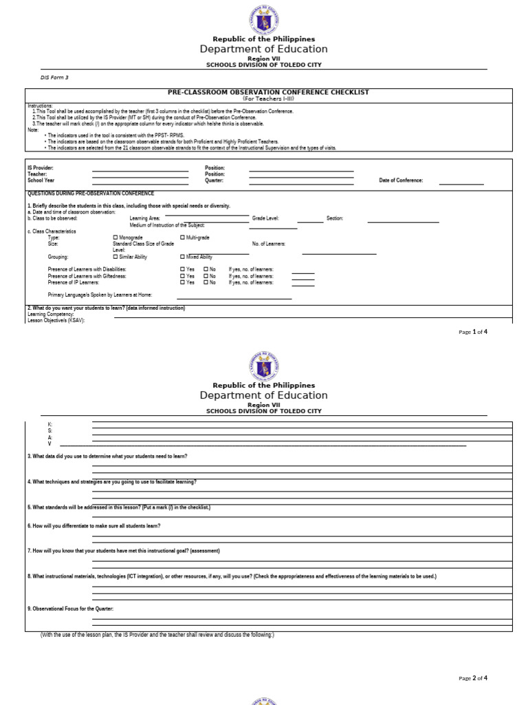 DIS Form 3 Pre Observation Conference - T1 T3 - Sy2024 2025 | PDF ...