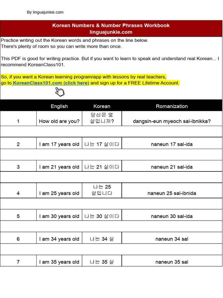 Korean Numbers & Number Phrases Workbook, Linguajunkie | PDF | Korea ...