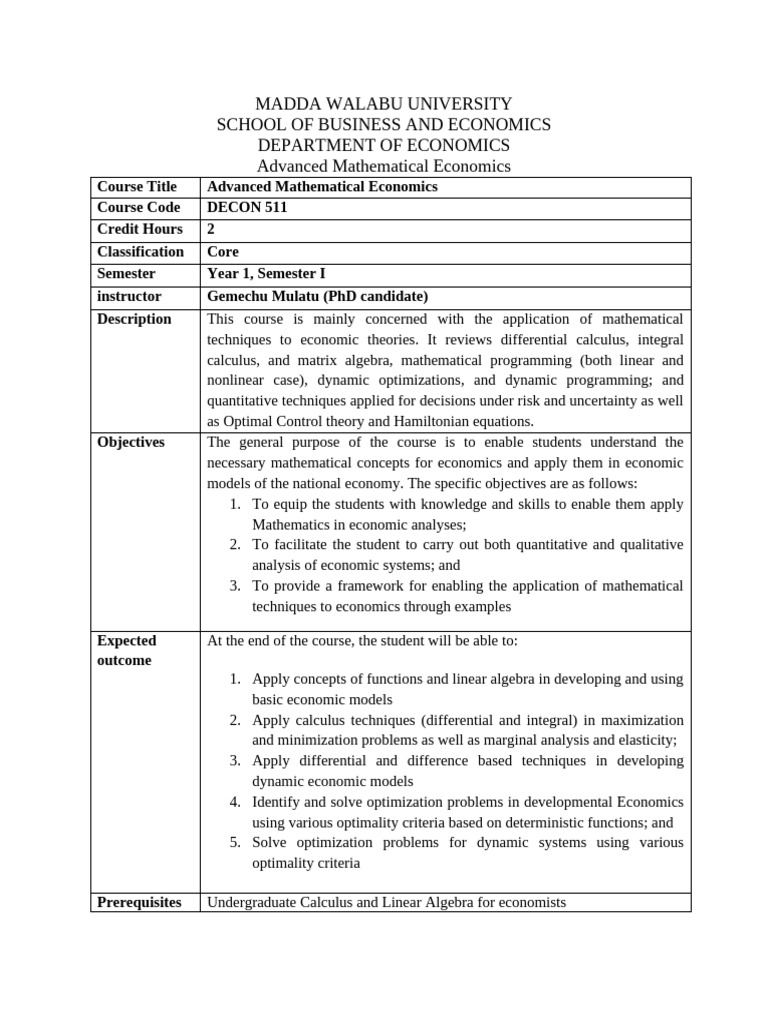 Advanced Mathematical Economics Syllabus | PDF | Mathematical ...