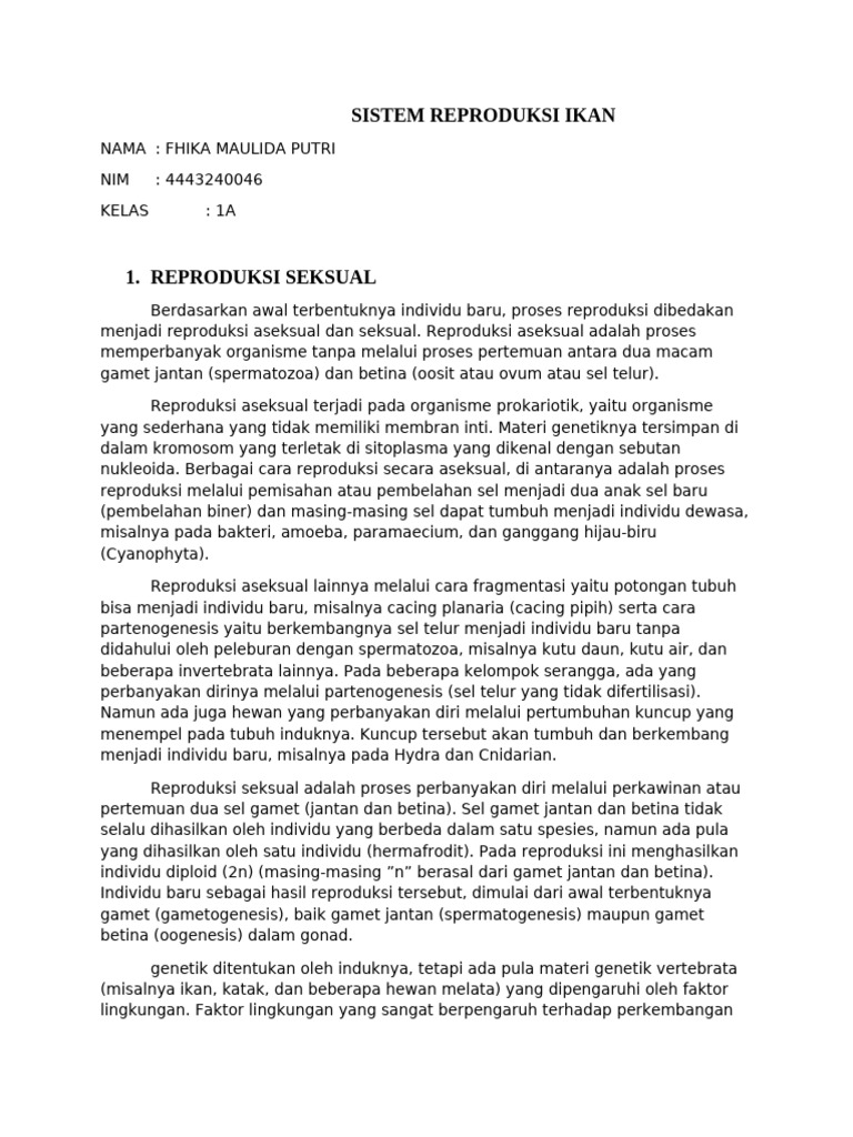 SISTEM REPRODUKSI IKAN - Fhika Maulida Putri - 4443240046 | PDF