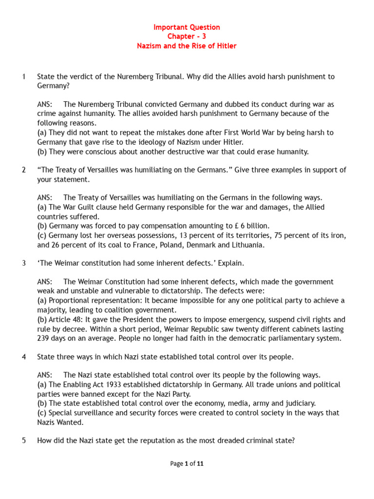 Cl-IX - History Ch3 - Nazism and The Rise of Hitler - Important ...