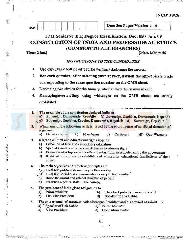 Constitution of India and Professional Ethics Sample Paper 7 | PDF