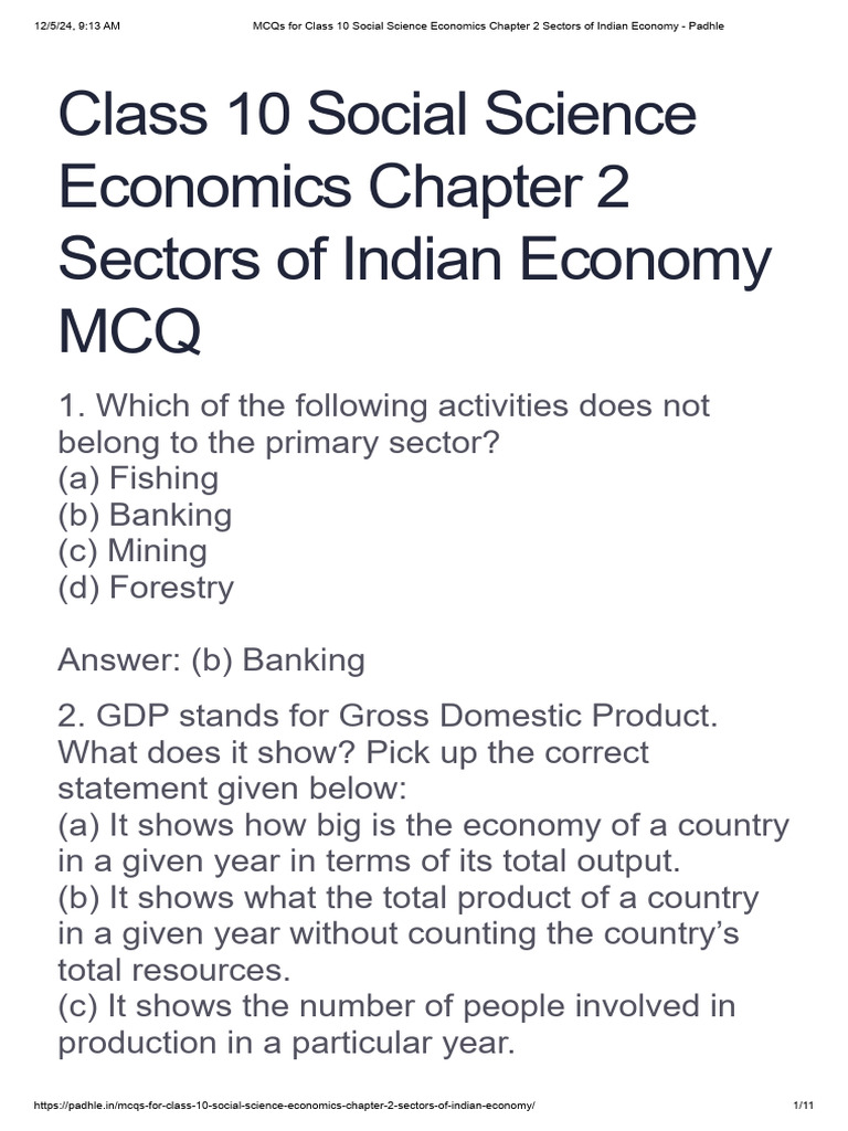 MCQs for Class 10 Social Science Economics Chapter 2 Sectors of Indian Economy - Padhle - Copy ...
