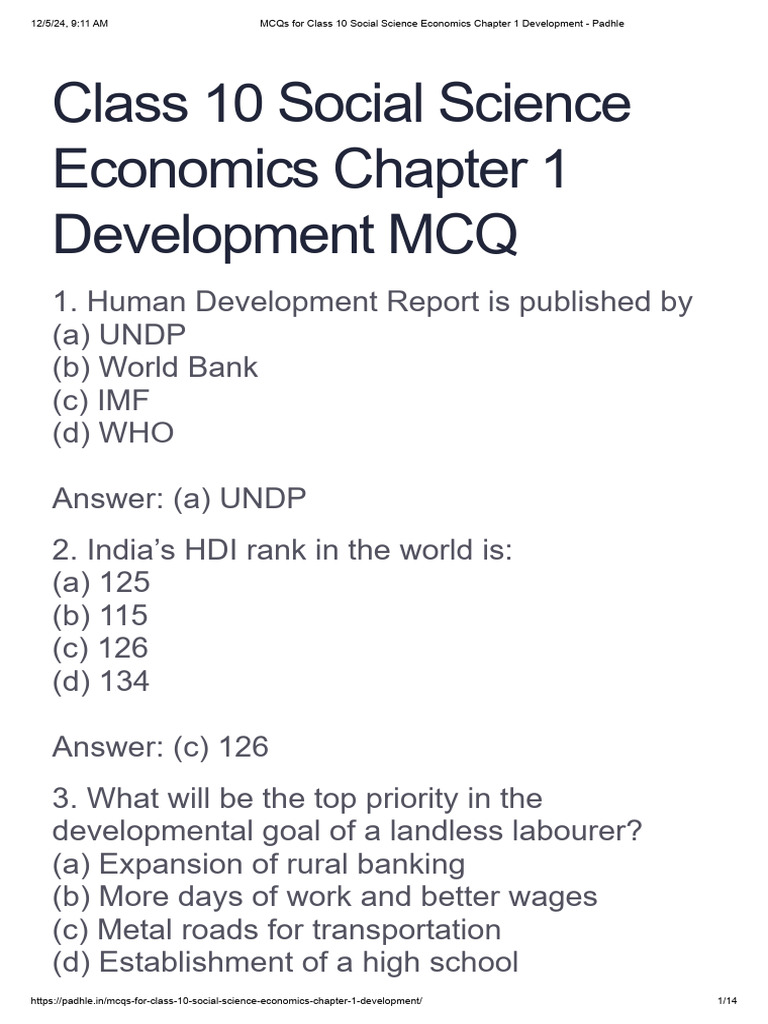 MCQs For Class 10 Social Science Economics Chapter 1 Development - Padhle | PDF | Literacy ...