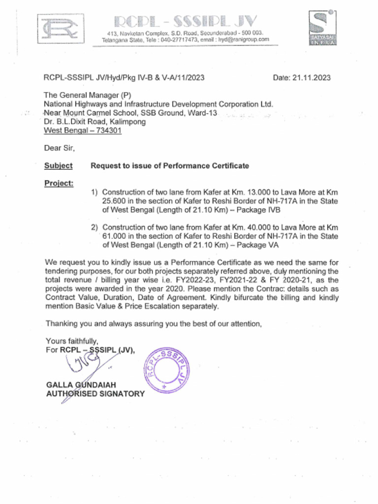 JV Letter DT 21.11.23 To GM (P) NHIDCL For Performance Certificate | PDF