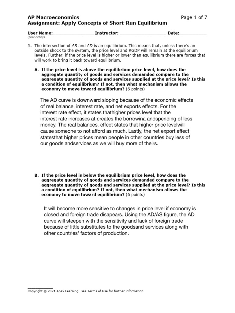 AP Macroeconomics Assignment: Apply Concepts of Short-Run Equilibrium | PDF | Economic ...