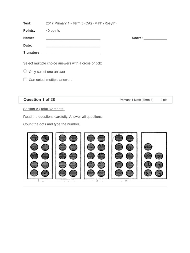 Primary 1 Math Test - Term 3 | PDF | Mathematics