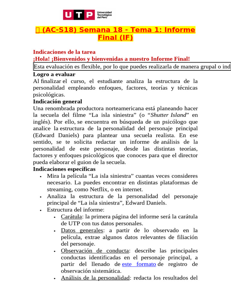 ? (AC-S18) Semana 18 - Tema 1 Informe Final (IF) - Personalidad | PDF ...