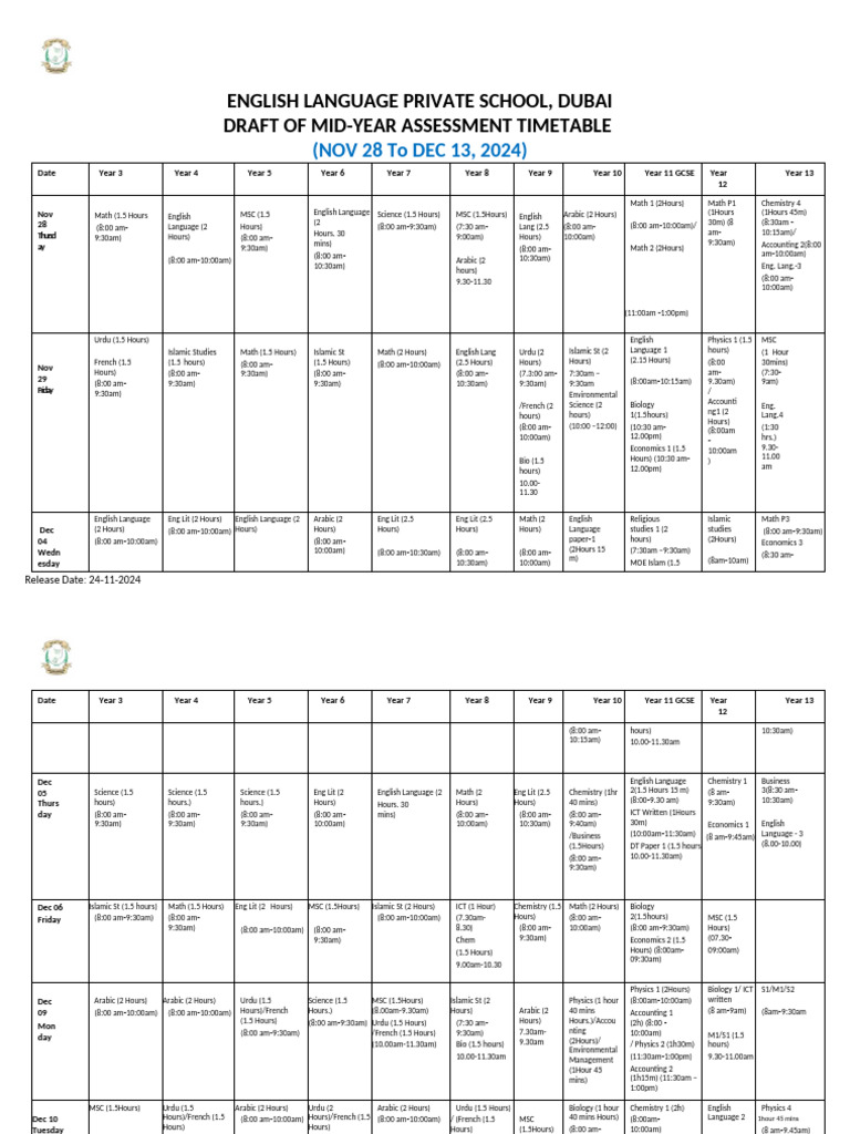 Draft of Mya Time Table - Yr 3-13 Nov - Dec 2024 | PDF
