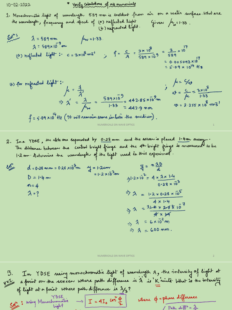 Numericals Wave Optics | PDF