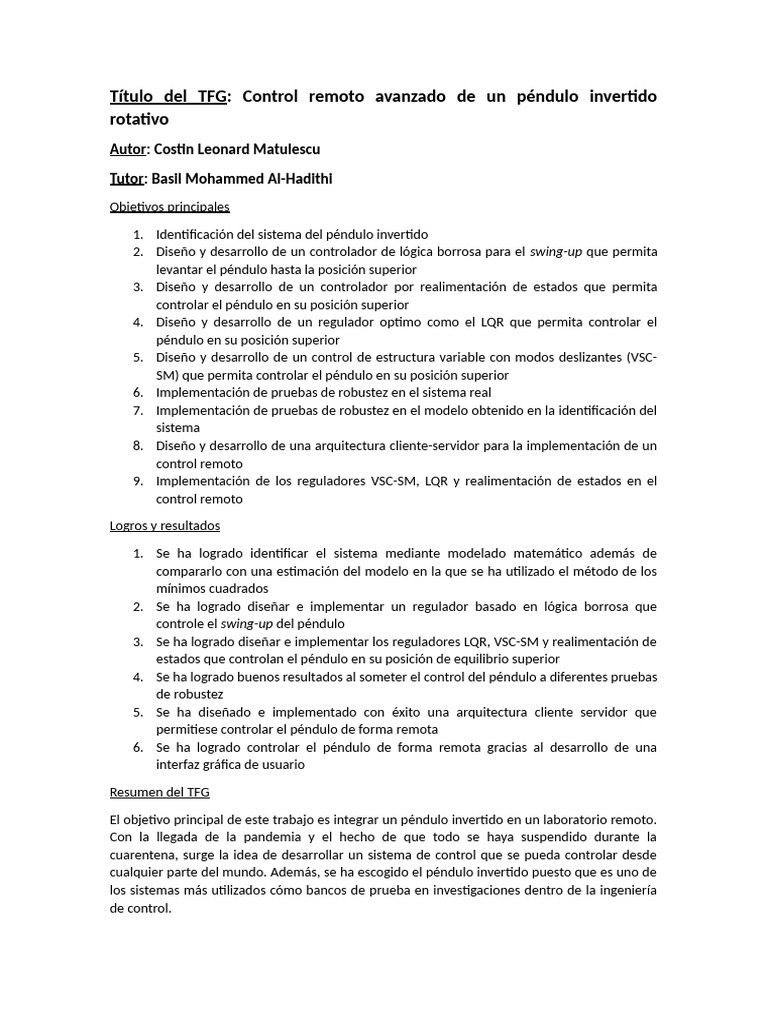 InformeTFG Control Remoto Pendulo Invertido 2 | PDF | Ecuaciones ...