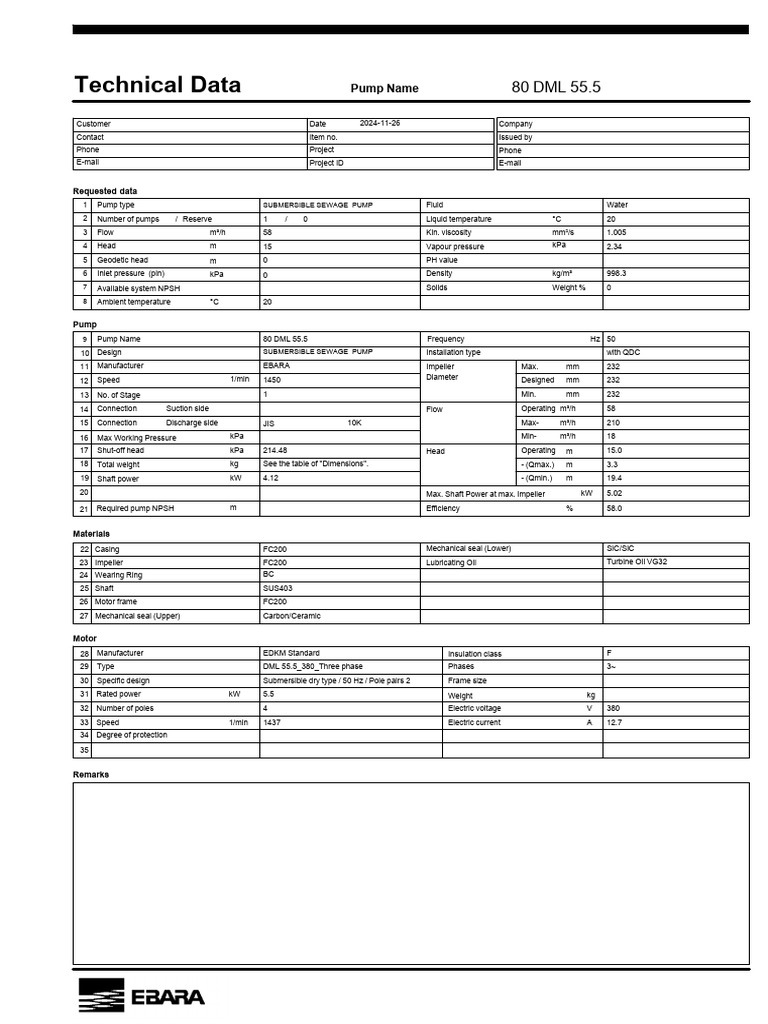Data Sheet 80 DML 55.5 58m3h 15m | PDF | Pump | Gases