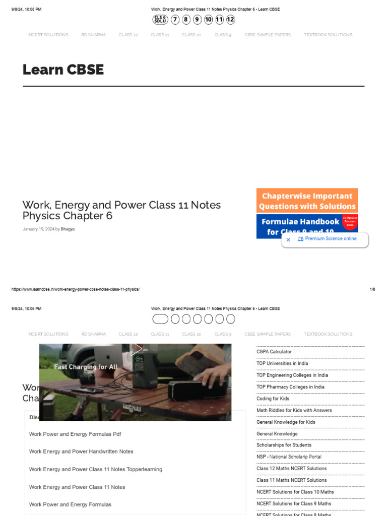 Work, Energy and Power Class 11 Notes Physics Chapter 6 - Learn CBSE ...