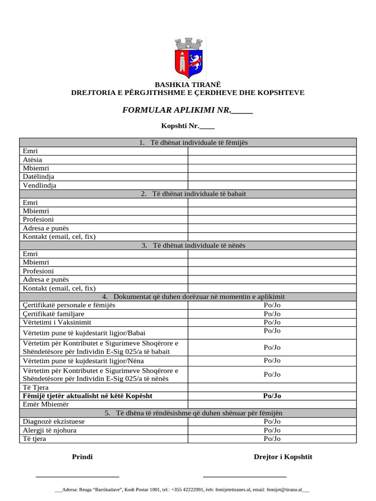 Formular Aplikimi Per Regjistrim Ne Kopsht | PDF