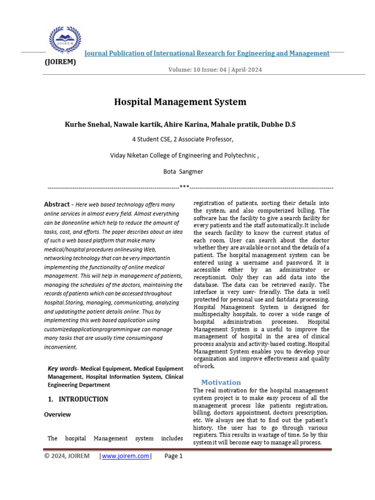 Hospital Management System | PDF | Databases | Patient