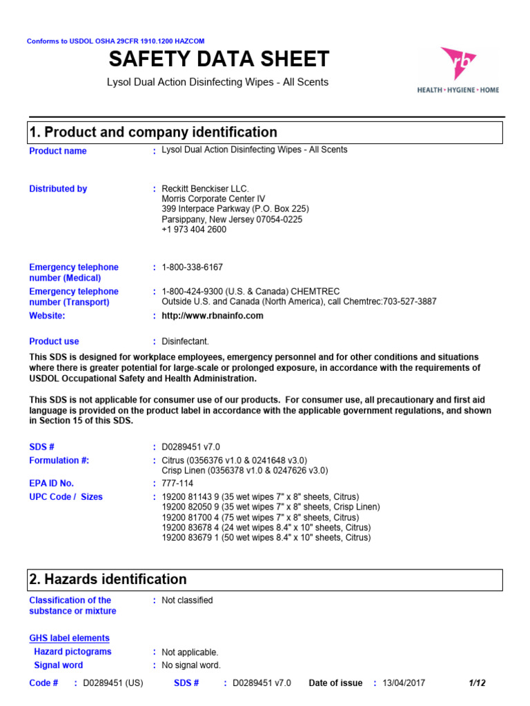 Lysol Disinfecting Wipes Safety Data Sheet | PDF | Safety ...