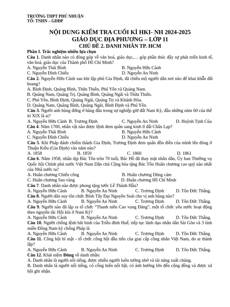 ĐỀ CƯƠNG HKI HS | PDF