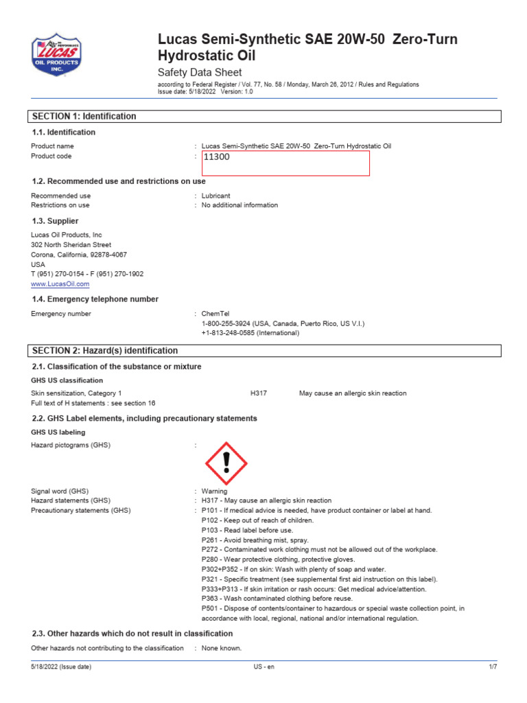 Lucas SAE 20W-50 Hydrostatic Oil SDS | PDF | Toxicity | Firefighting