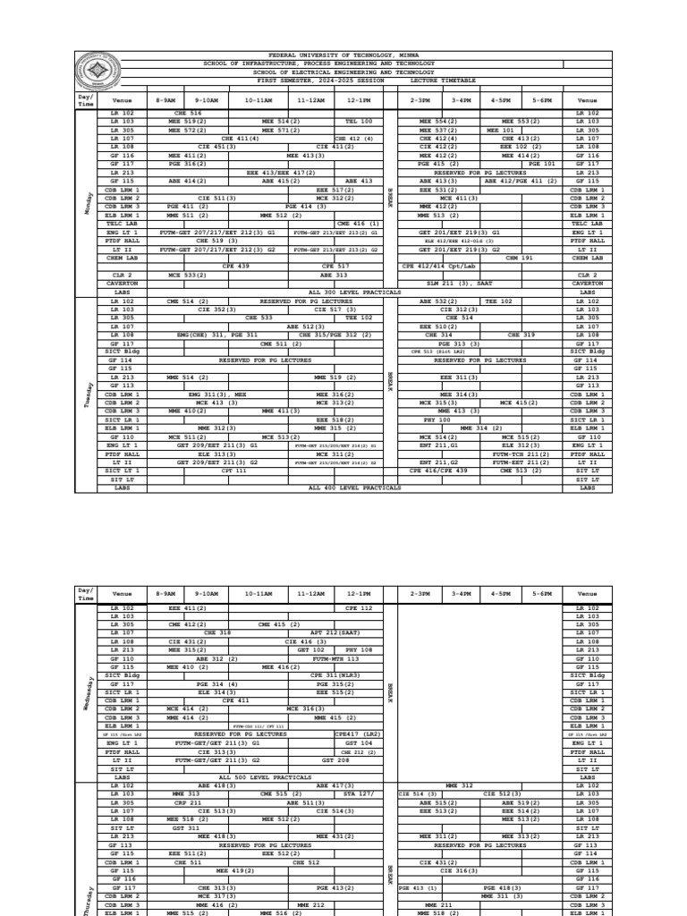SIPET - SEET FINAL LECTURE Timetable First Semester 2024-2025 Session-Shared | PDF