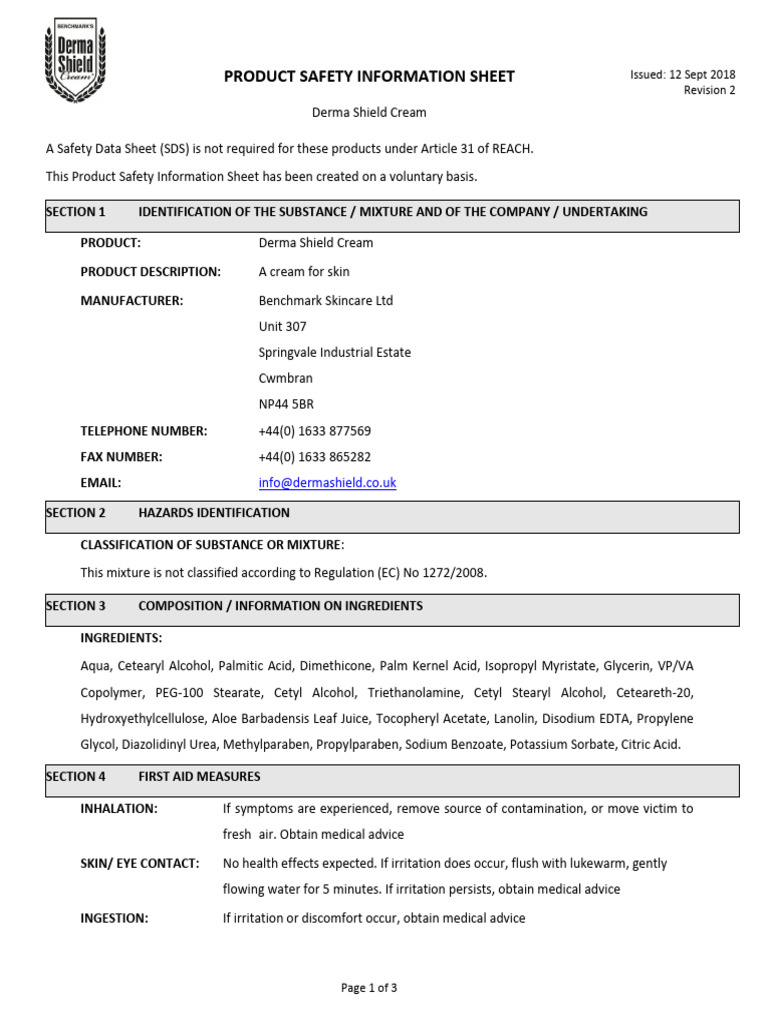 SIS Derma Shield Cream V2 0 EU en | PDF | Chemical Substances | Chemistry