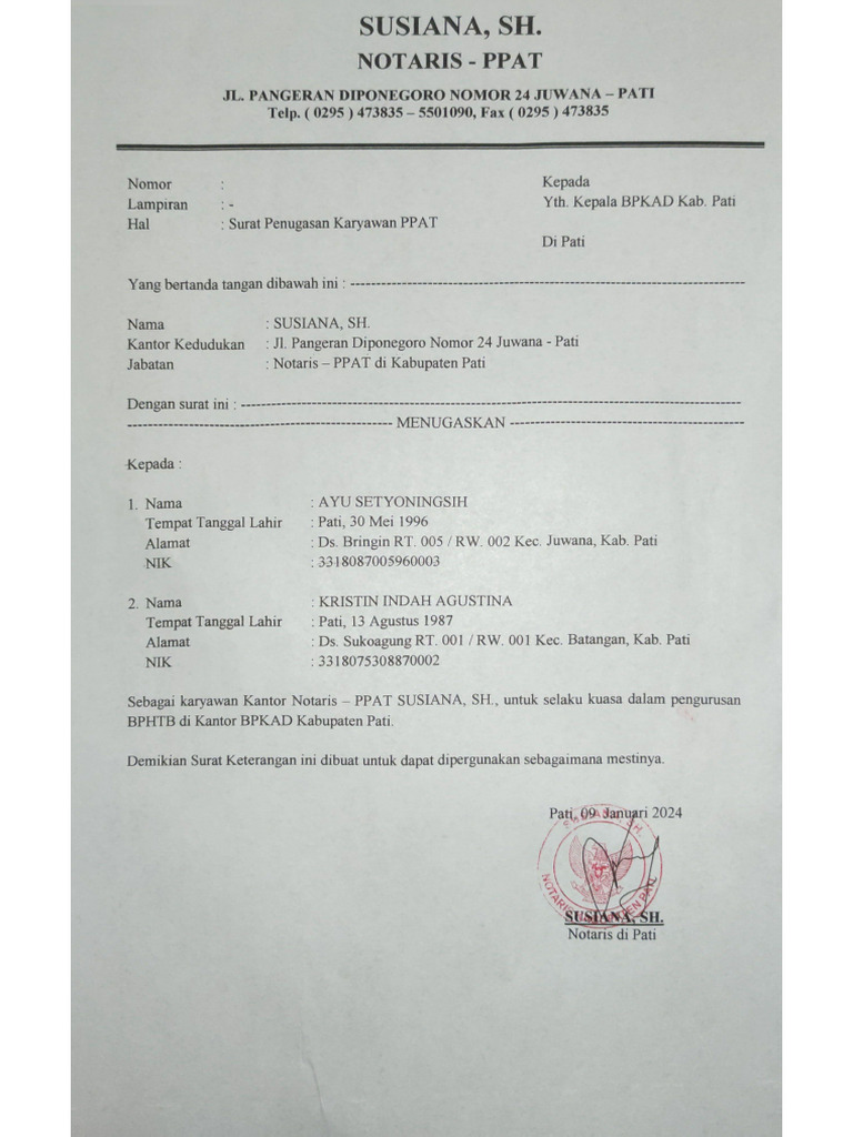 Notaris SUSIANA, SH. Surat Tugas | PDF
