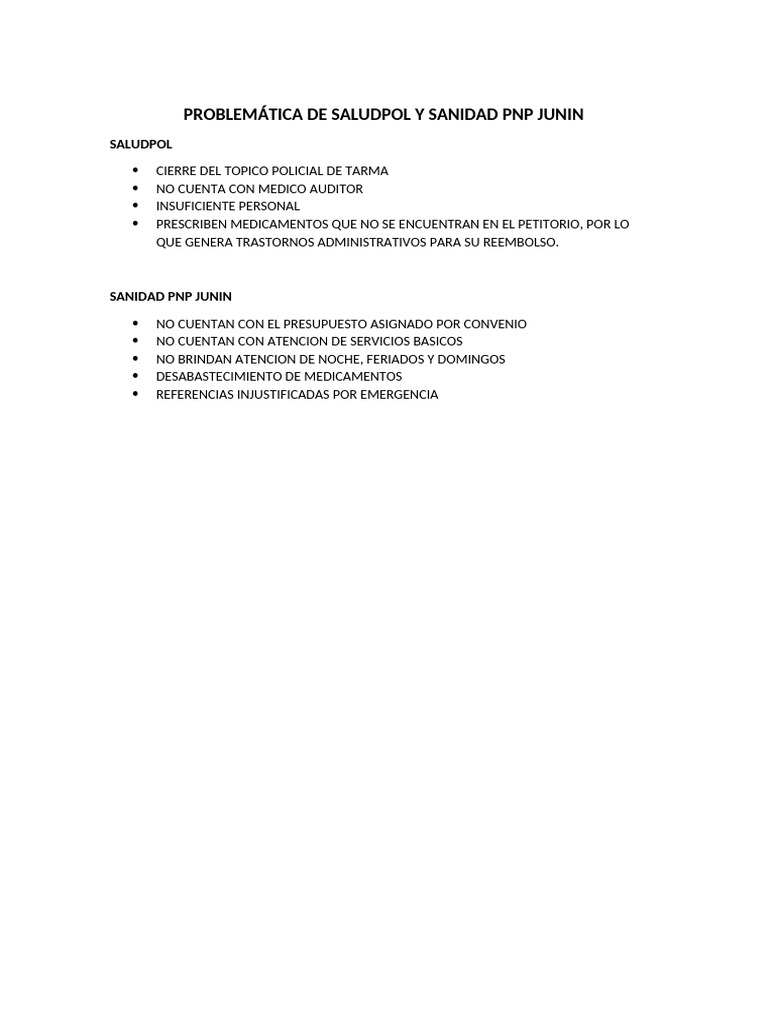 Problemática de Saludpol y Sanidad PNP Junin | PDF