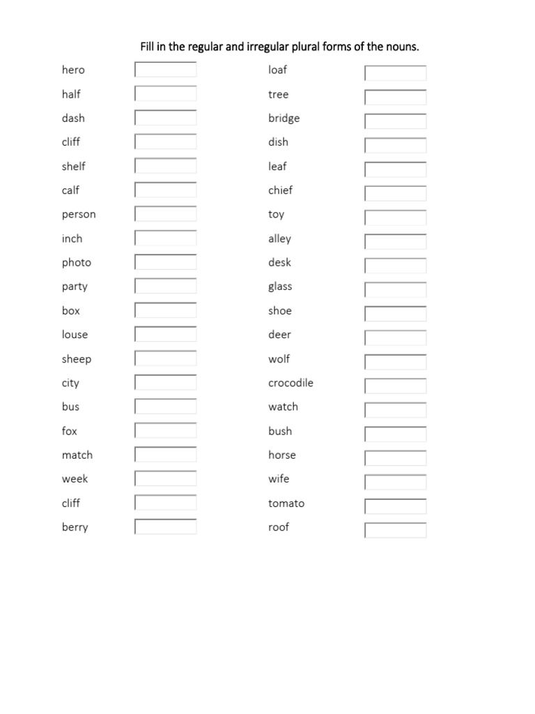 Fill in The Regular and Irregular Plural Forms of The Nouns | PDF