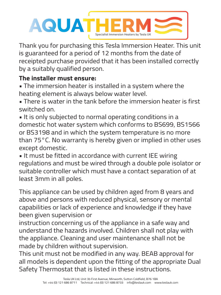 Aquatherm Immersion Heater Instructions | PDF | Electric Heating | Thermostat