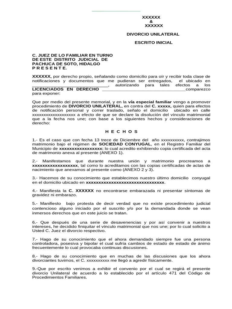 DIVORCIO UNILATERAl SOLICITUD | PDF | Divorcio | Ley familiar