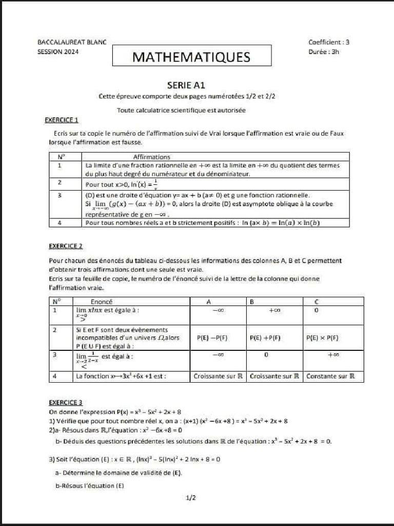 Sujet Bac Blanc 2024 Mathematiques Serie A1 Drena Abidjan Cote D'ivoire | PDF