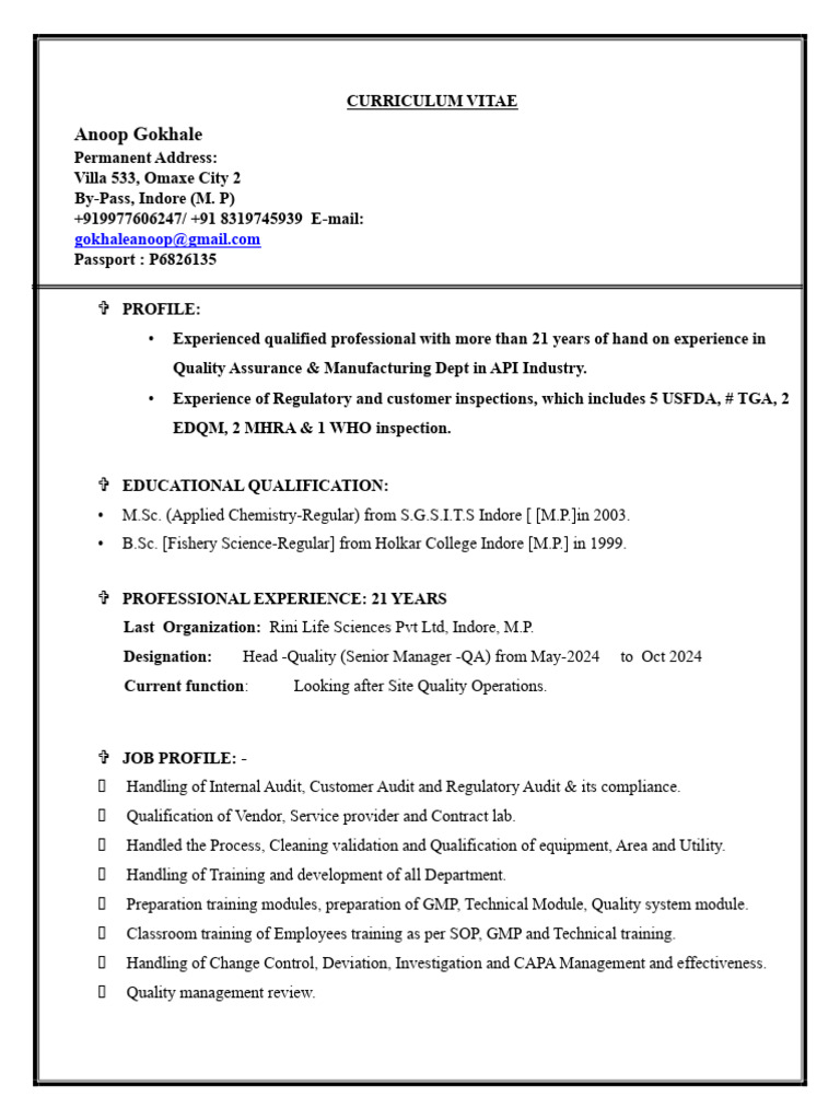 Anoop Gokhale Resume - Oct 2024 | PDF | Quality | Business