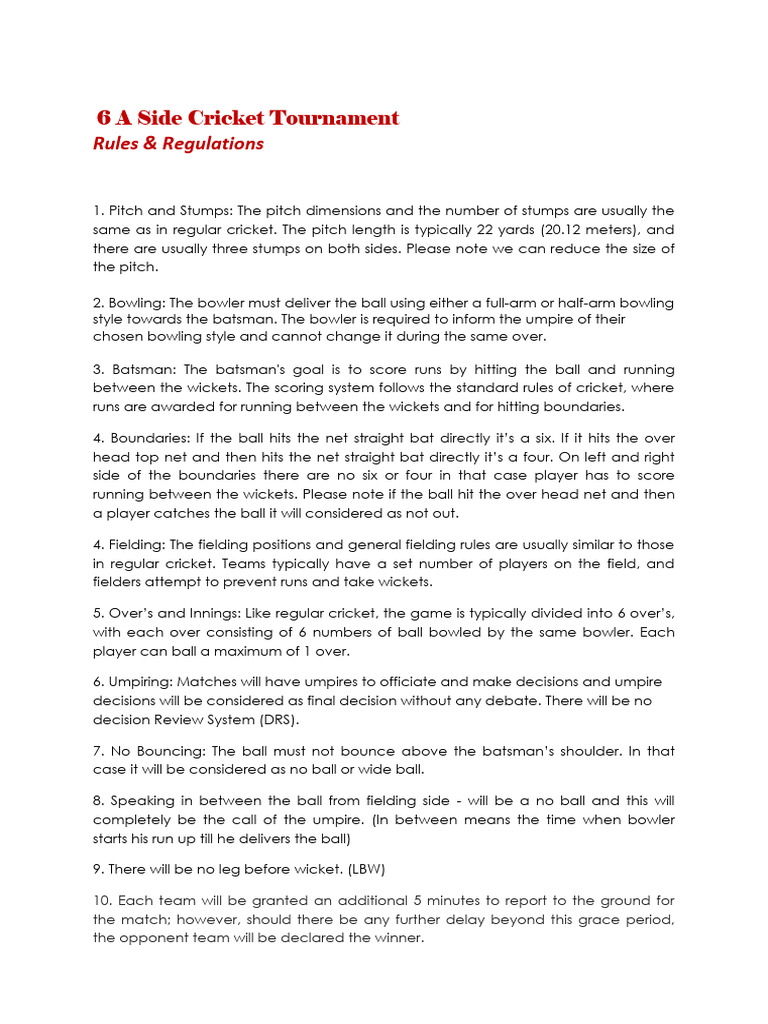 6 A Side Cricket Tournament Rules | PDF