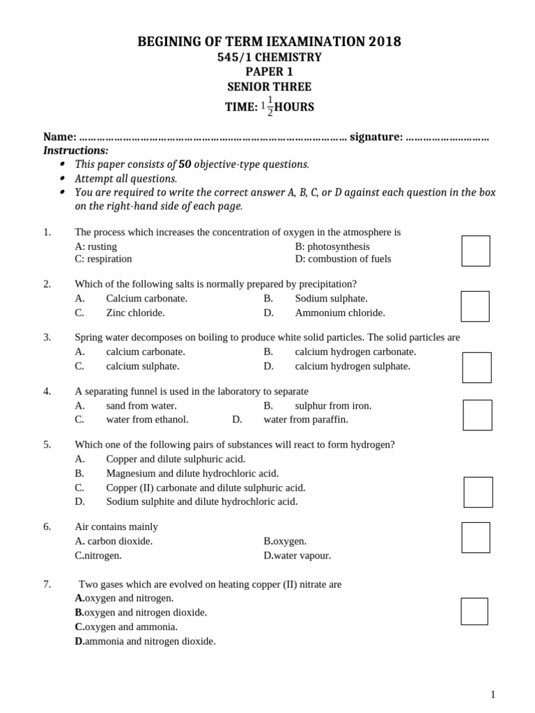 2018 Senior Three Chemistry Exam Paper | PDF | Hydroxide | Sodium