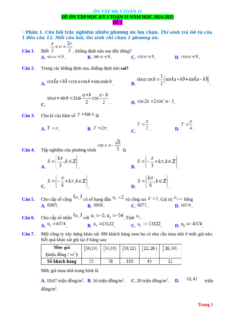 De On Tap HK1 Toan 11 KNTT de 1 | PDF