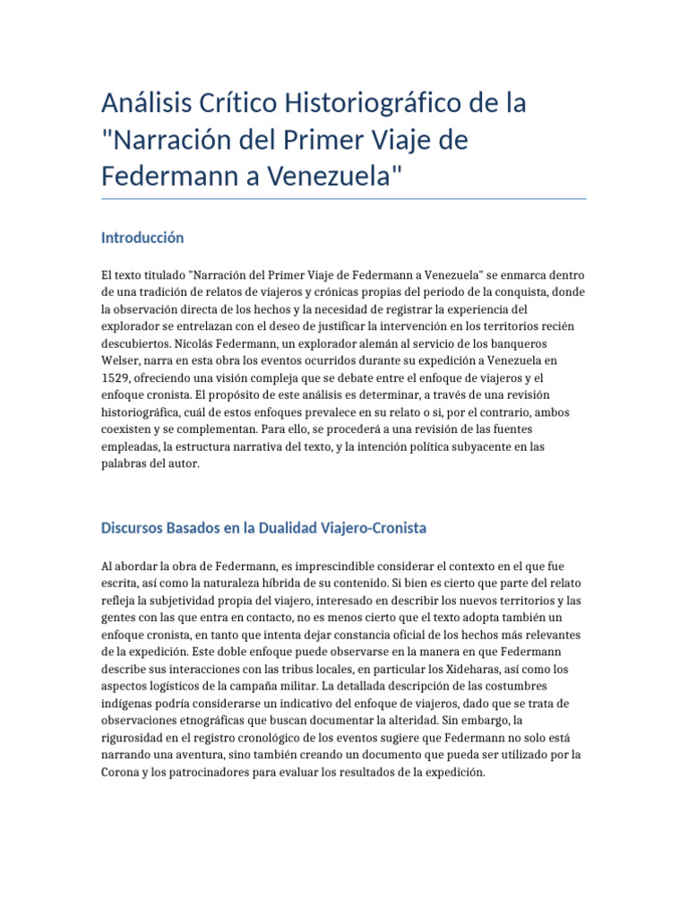 Análisis de Federmann: Viaje y Crónica | PDF | Historiografía | Narración