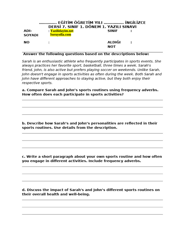 7th Grade English Sports Routine Exam | PDF